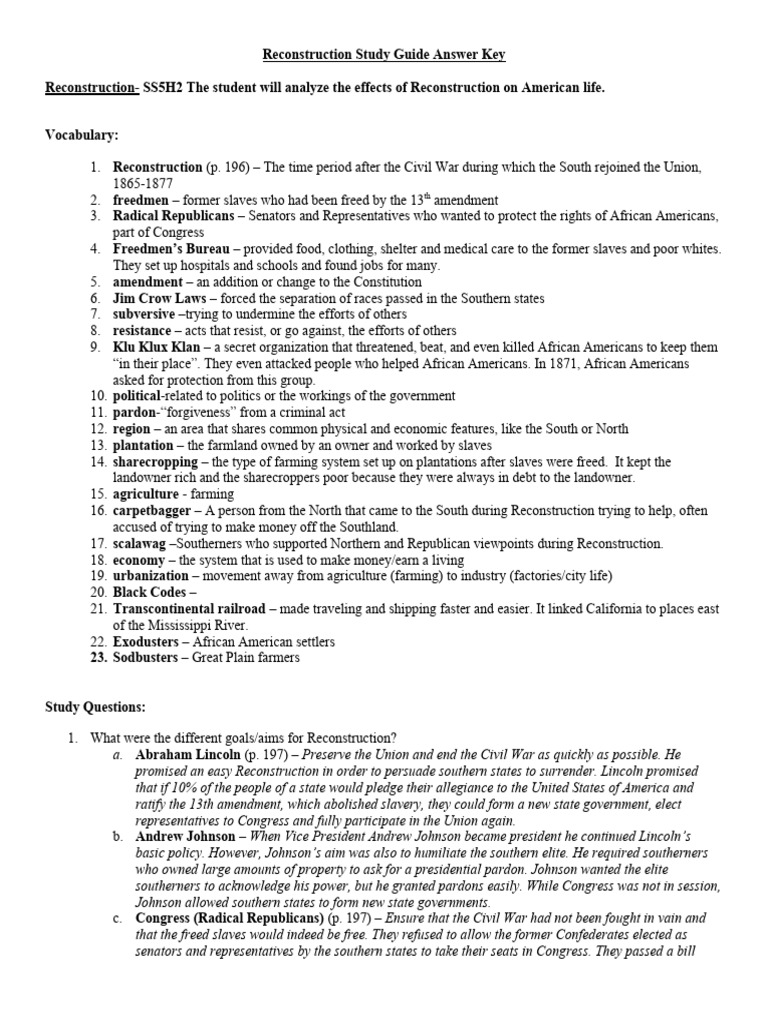 Reconstruction Study Guide Answers | PDF | Reconstruction Era | Freedman