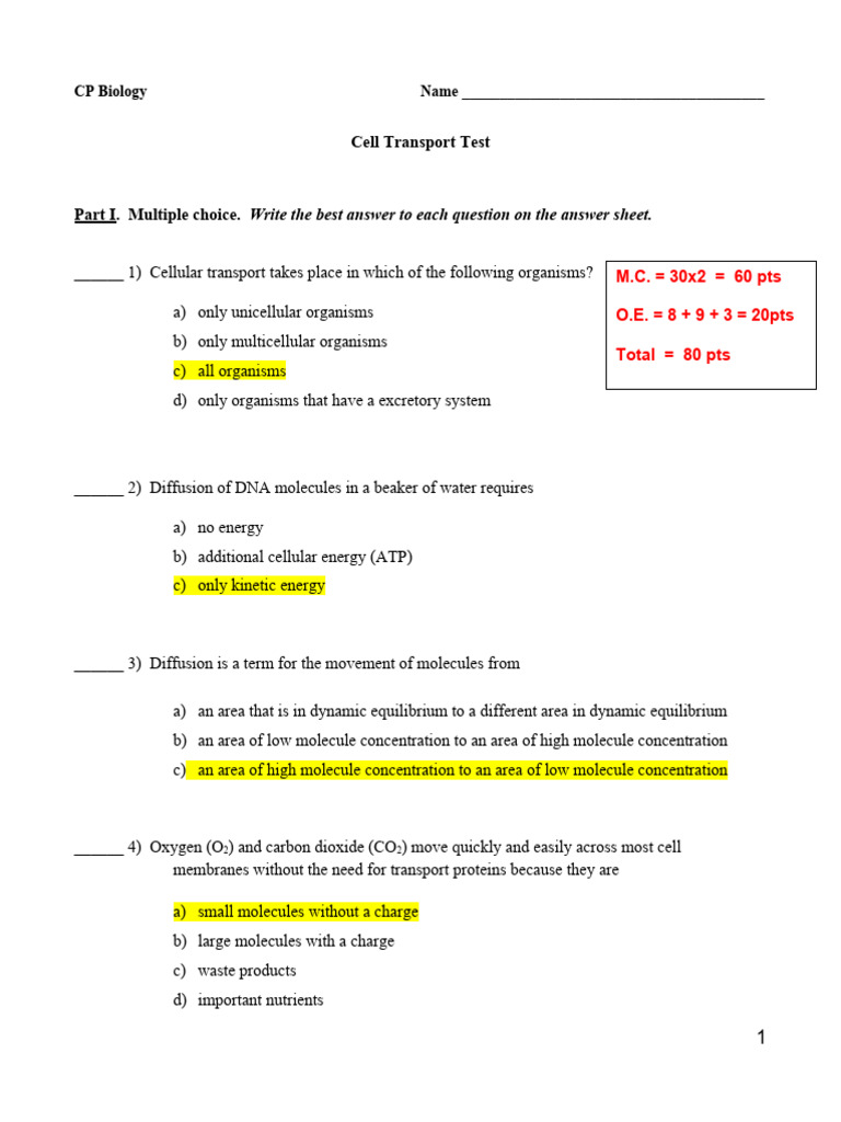 Cellular Transport Test - K-R - 13-14 - KEY | PDF | Osmosis | Cell Membrane