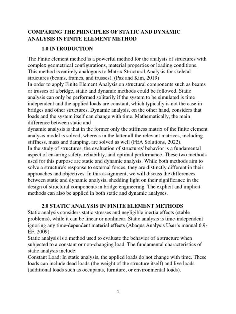 Comparing The Principles of Static and Dynamic Analysis in Finite Element Method | PDF ...