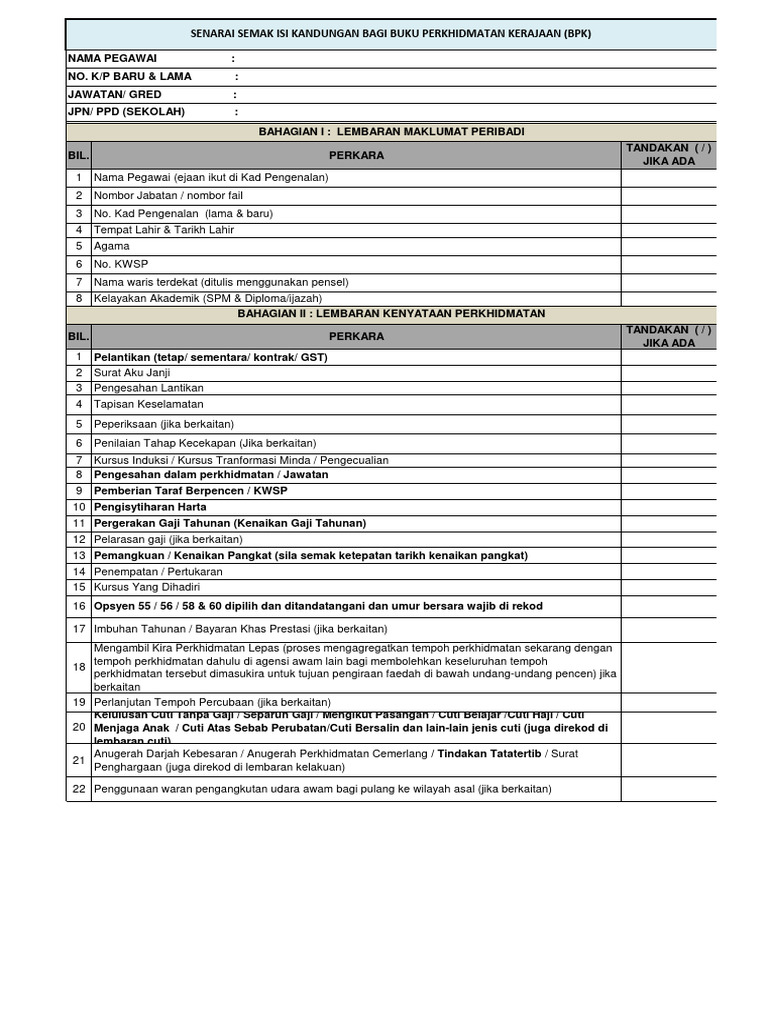 Senarai Semak Isi Kandungan Bagi BPK | PDF