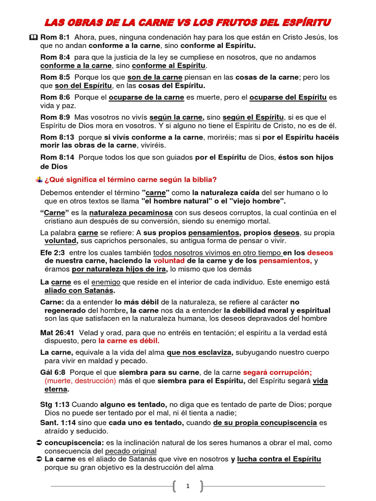 Las Obras de La Carne Vs El Fruto Del Espiritu | PDF | Alma | Pecado