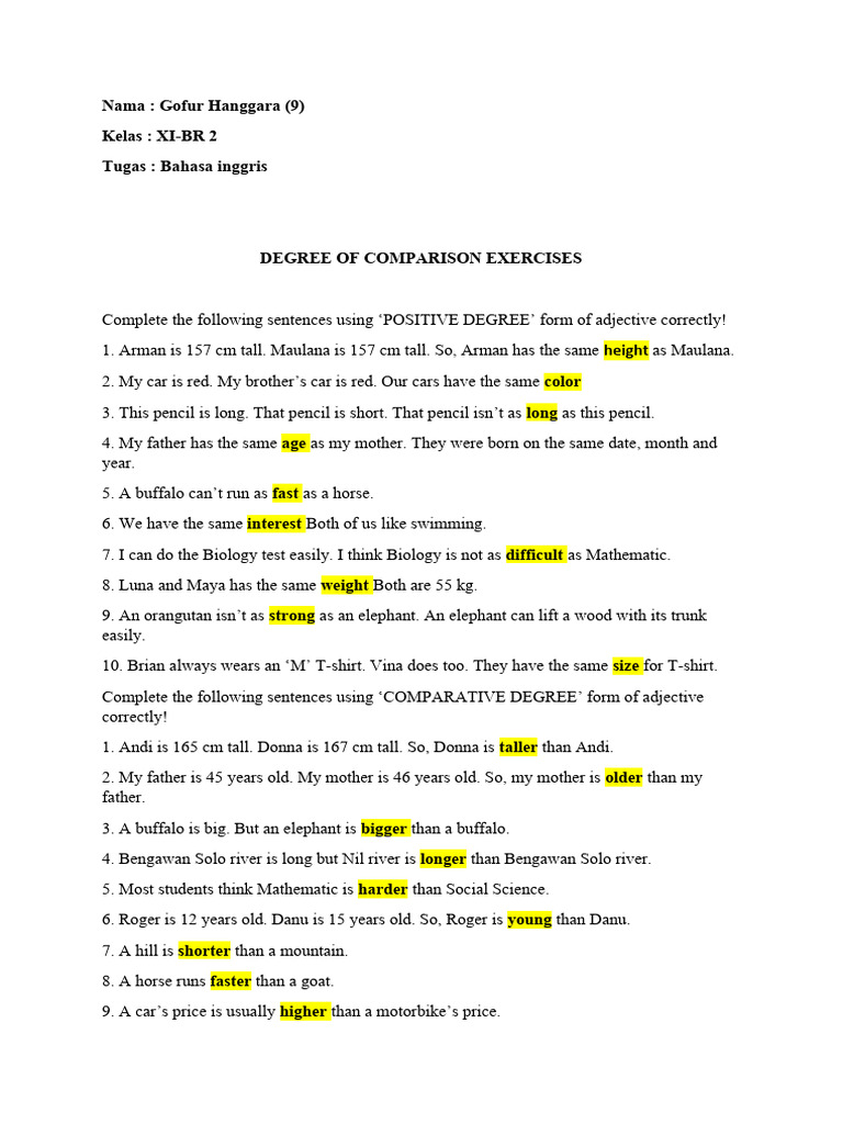 Degree of Comparison Exercises | PDF