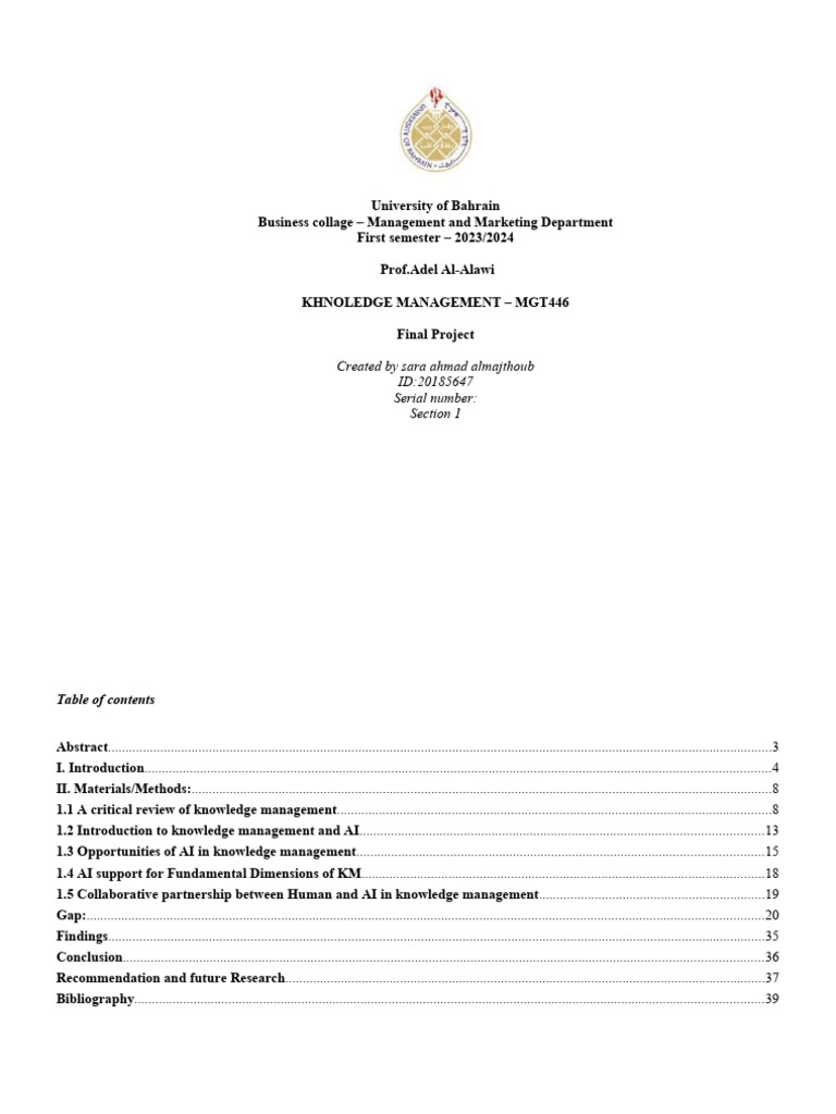 Mgt446 The Final Project Knowledge MGT | PDF | Artificial Intelligence | Intelligence (AI ...