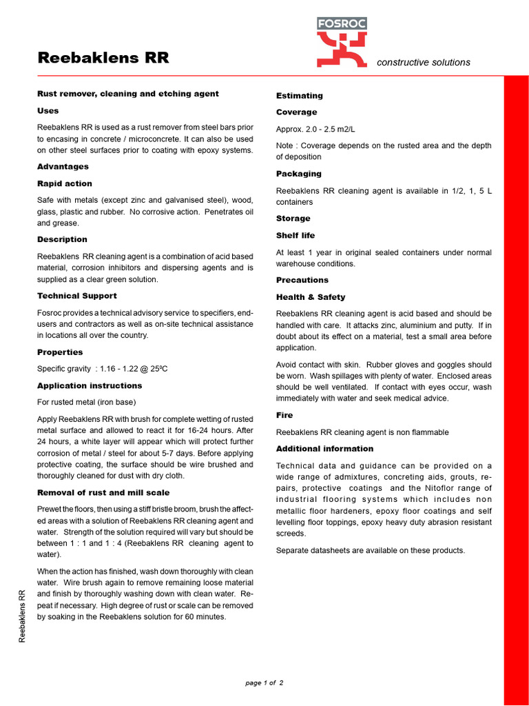 Fosroc Reebaklens RR Rust Remover Guide | PDF | Rust | Corrosion