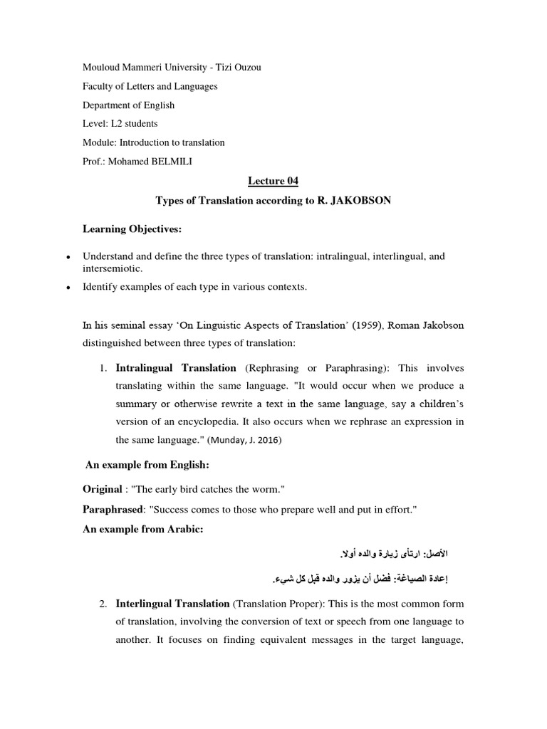 Types of Translation Lecture 4 | PDF | Translations | English Language