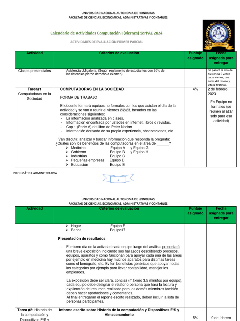 CALENDARIO Detallado DE ACTIVIDADES Viernes PRIMER PARCIAL COMPUTACION ...
