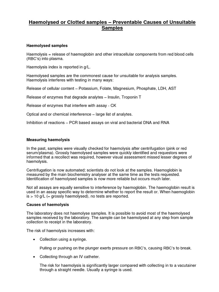 Haemolysed or Clotted Samples 1 | PDF | Assay | Red Blood Cell