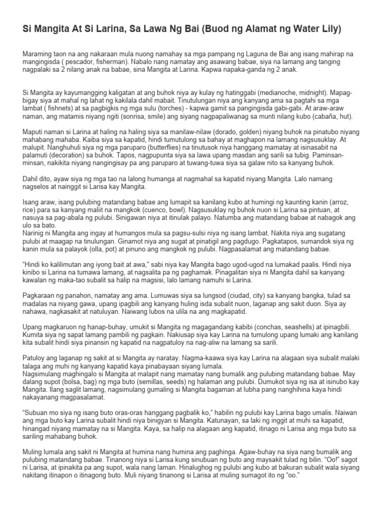 Si Mangita at Si Larina Buod NG Alamat NG Water Lily | PDF