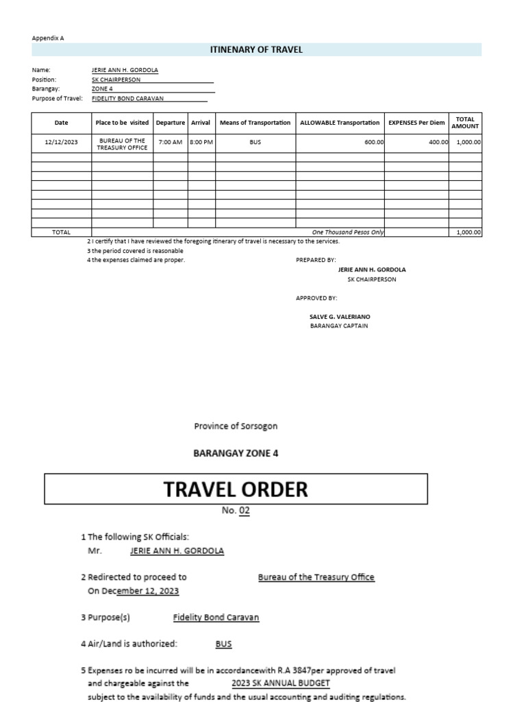SK Travel Order and Itinerary Sample | PDF | Per Diem | Government