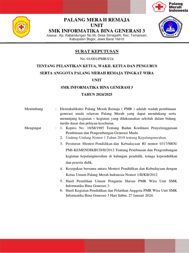 SK Pengurus Dan Anggota Baru PMR Wira Unit SMK IBG 3 2425 | PDF | Karier & Perkembangan