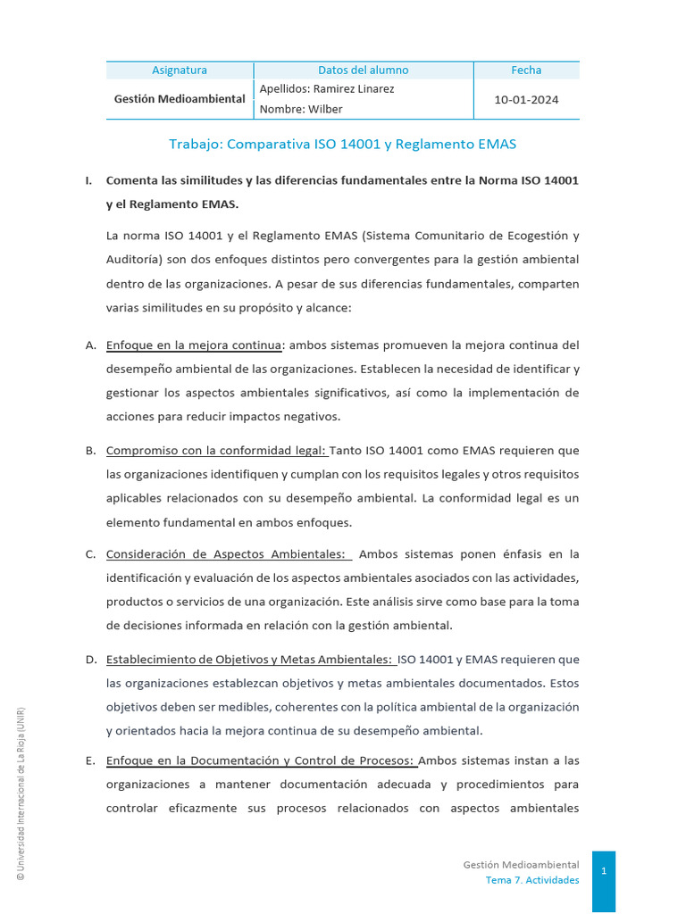 Comparativa Entre Emas Y Iso 14001 01 10 2023 Pdf Regulación
