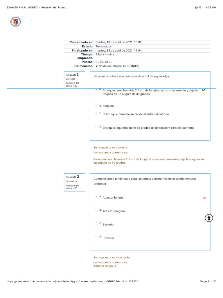 EXAMEN FINAL MORFO 1 Revisión Del Intento | PDF | Pulmón | Pie