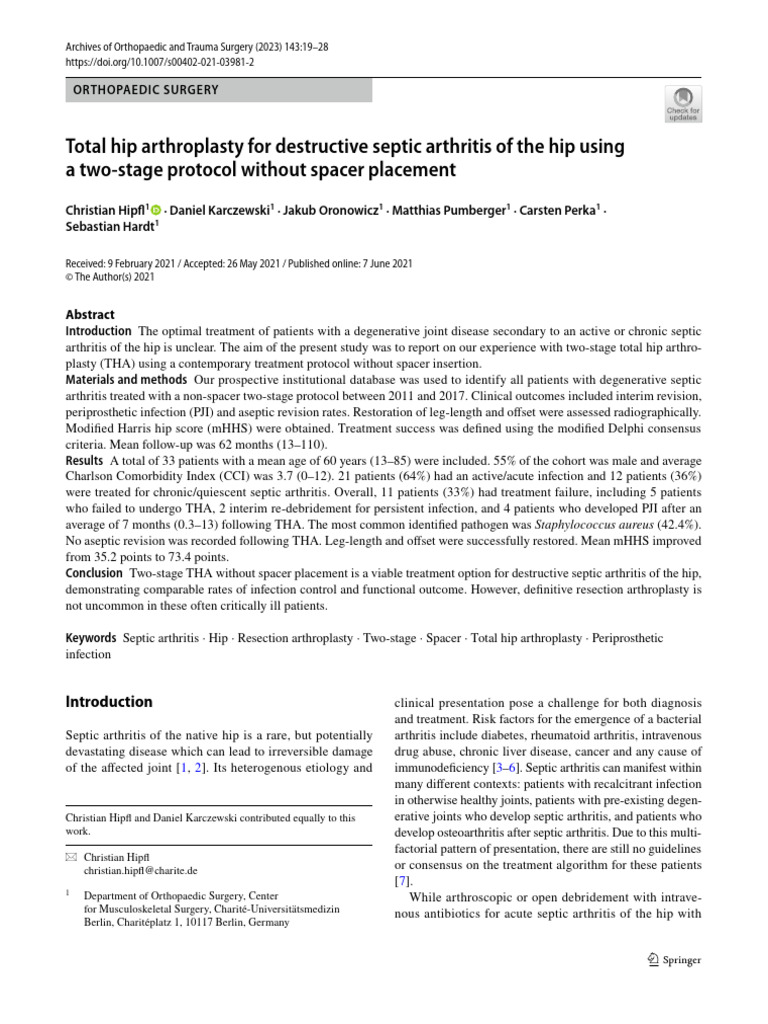 Total Hip Arthroplasty For Destructive Septic Arthritis of The Hip ...