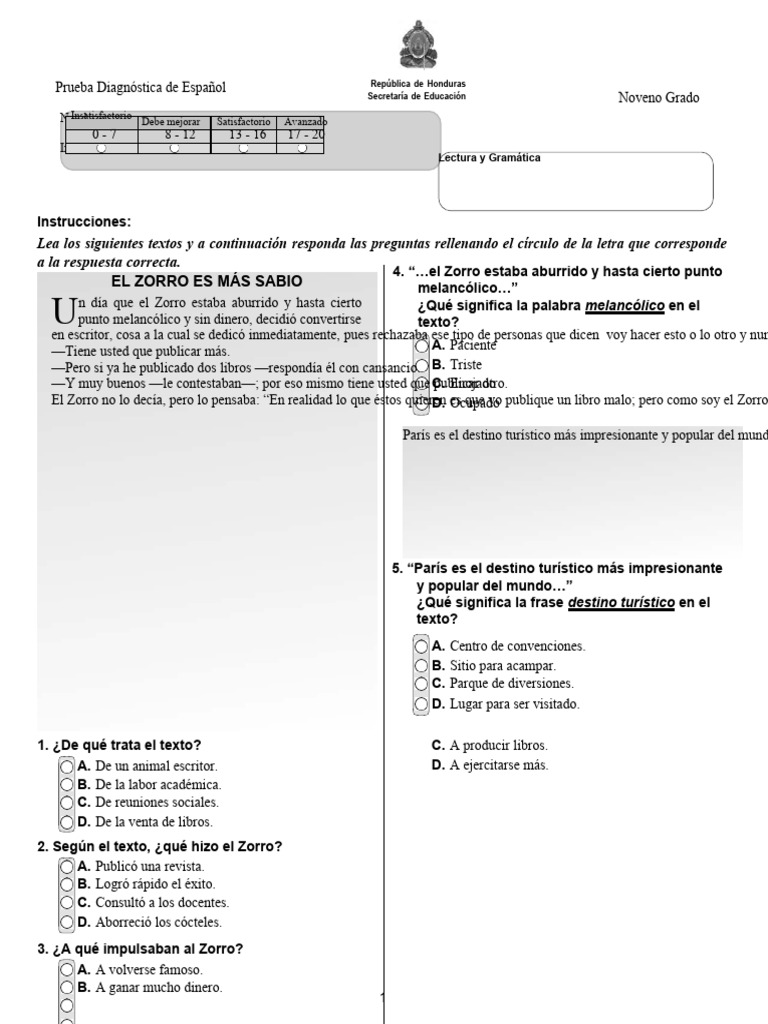 Prueba Diagnóstica 9º Español (2011) | PDF