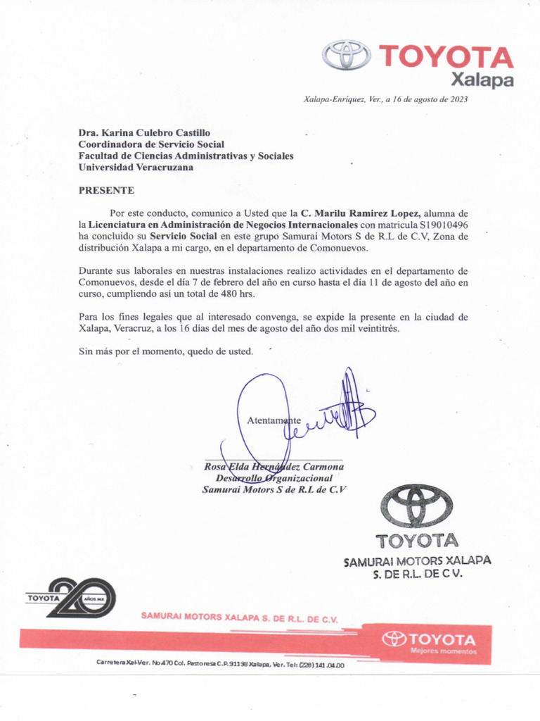 Certificado de Servicio Social en Samurai Motors | PDF