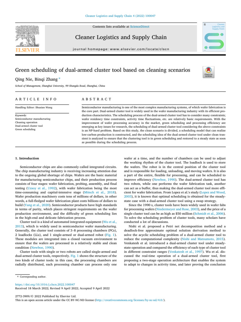 Green Scheduling of Dual Armed Cluster Tool Base - 2022 - Cleaner ...