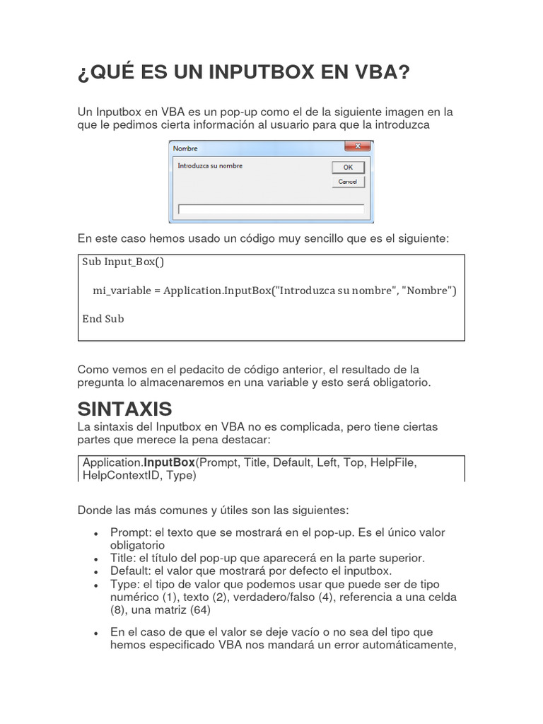 Qué Es Un Inputbox en Vba | PDF | Informática | Programación de computadoras