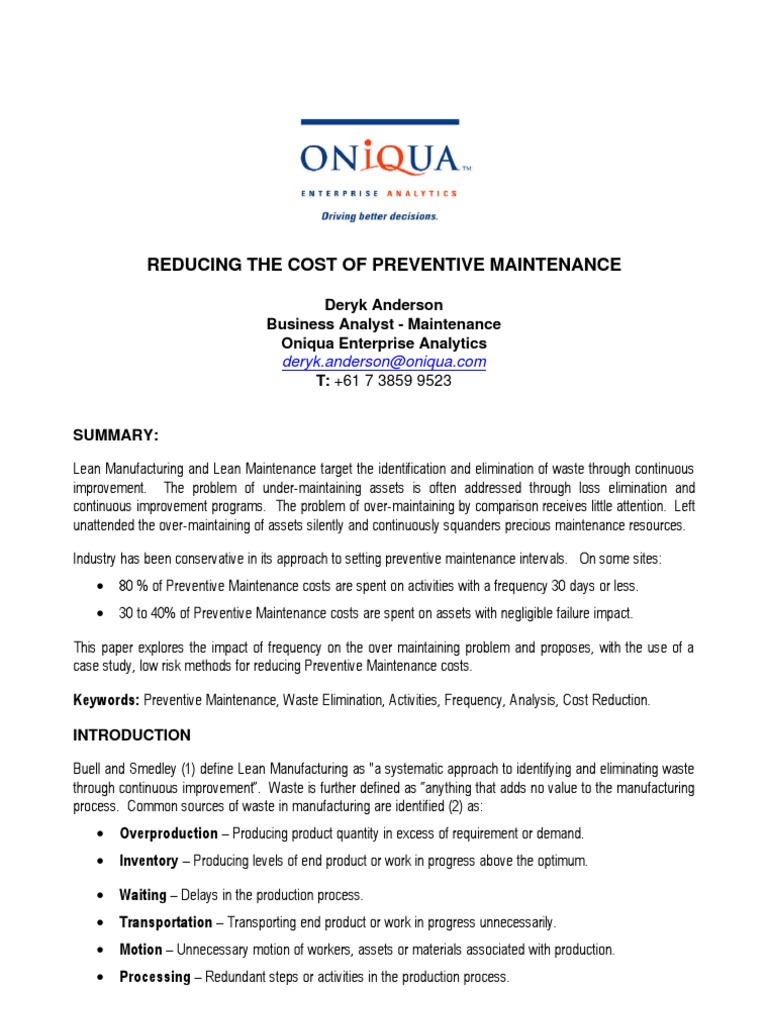 Reducing The Cost of Preventive Maintenance | PDF | Business