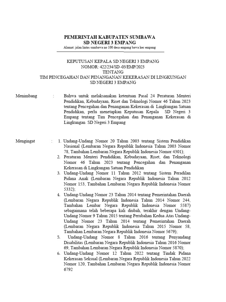 Lampiran 2 - Contoh SK Kepala Satuan Pendidikan Pembentukan TPPK | PDF