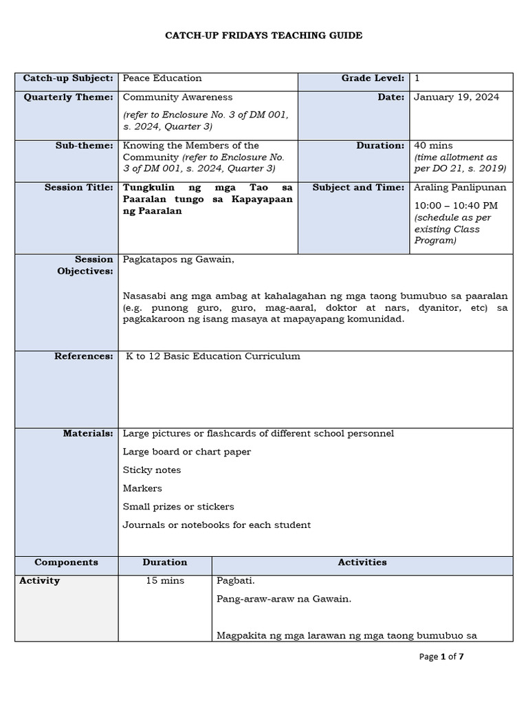 Sample Teaching Guide For Catch Up Fridays | PDF
