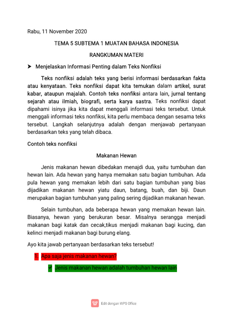 Rangkuman Materi TEMA 5 SUBTEMA 1 MAUATAN BINDO | PDF
