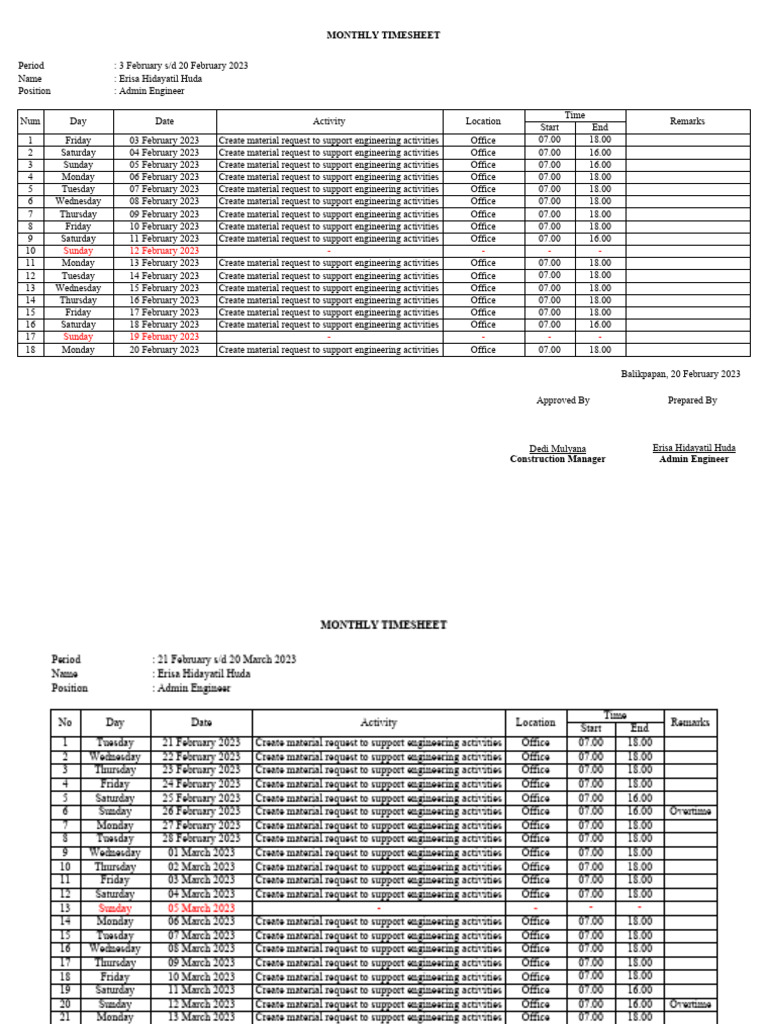 Time Sheet | PDF | Observances
