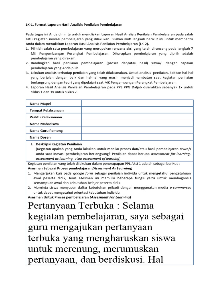 Contoh Format Hasil Asesmen Pembelajaran | PDF