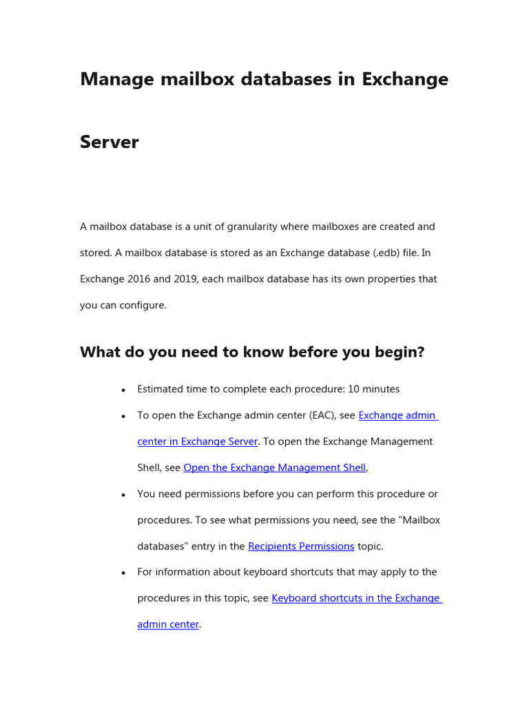 Manage Mailbox Databases in Exchange Server | PDF | Databases | Backup