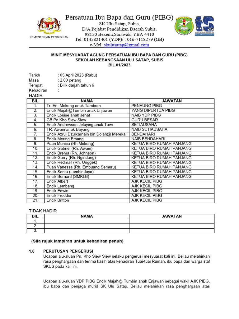 Minit Mesyuarat Agung Pibg Bil.01 2023 SK Ulu Satap | PDF
