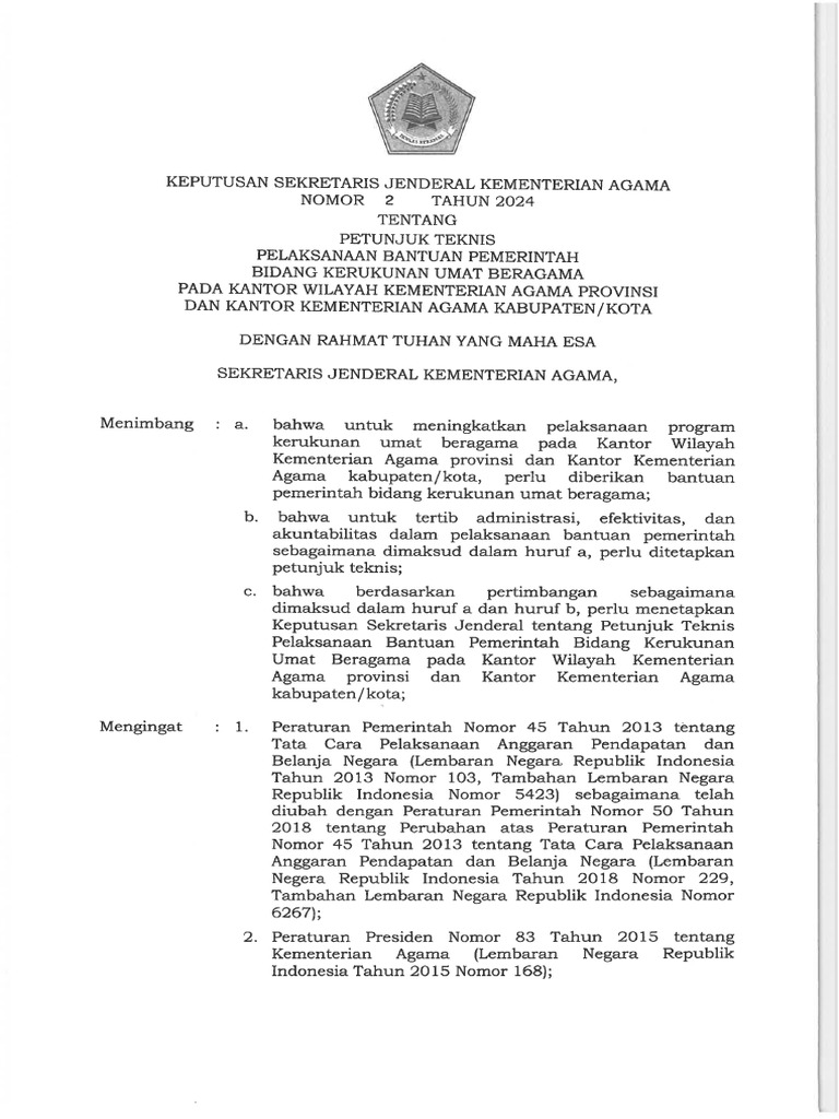 KSJ Nomor 2 Tahun 2024 - Juknis Bantuan Pemerintah Bidang KUB | PDF