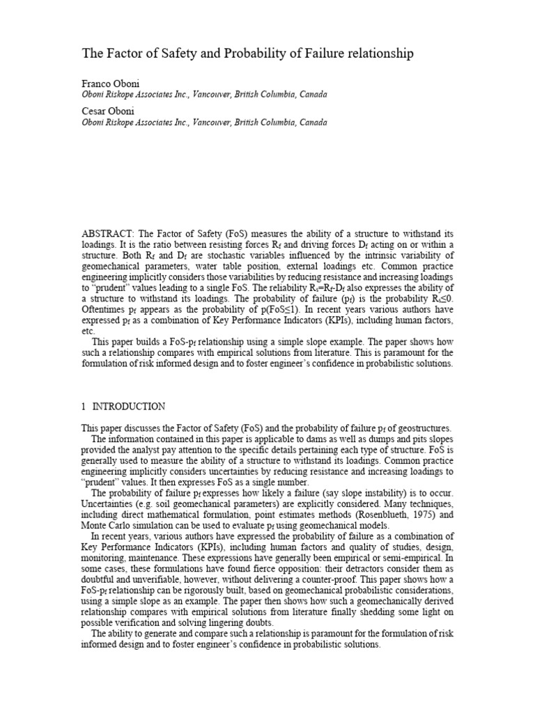 Riskope The Factor of Safety and Probability of Failure Relationship 1 ...