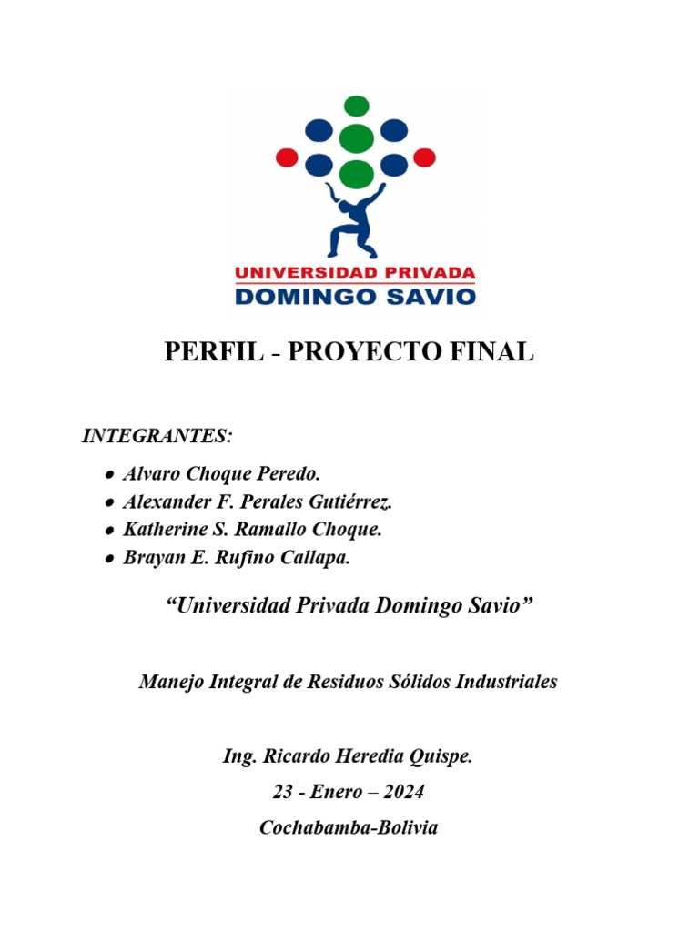 Perfil - Proyecto Final Vertedero en Cochabamba Grupal | PDF | Residuos | Vertedero