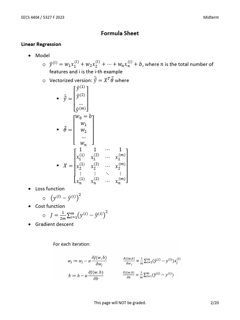 Formula Sheet Posted | PDF | Computational Neuroscience | Linear Algebra