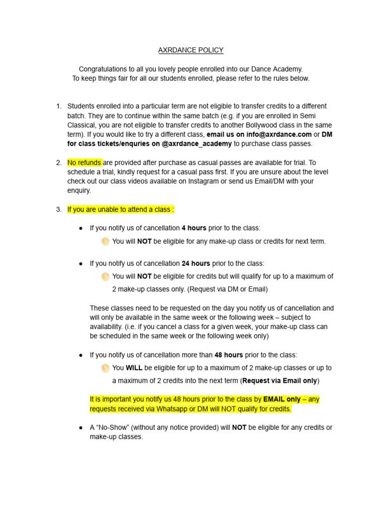 AXR Dance Academy Policies and Guidelines | PDF