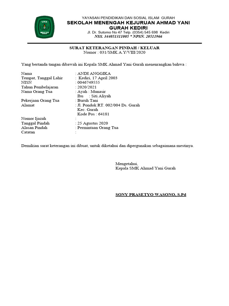 Surat Keterangan Mutasi | PDF