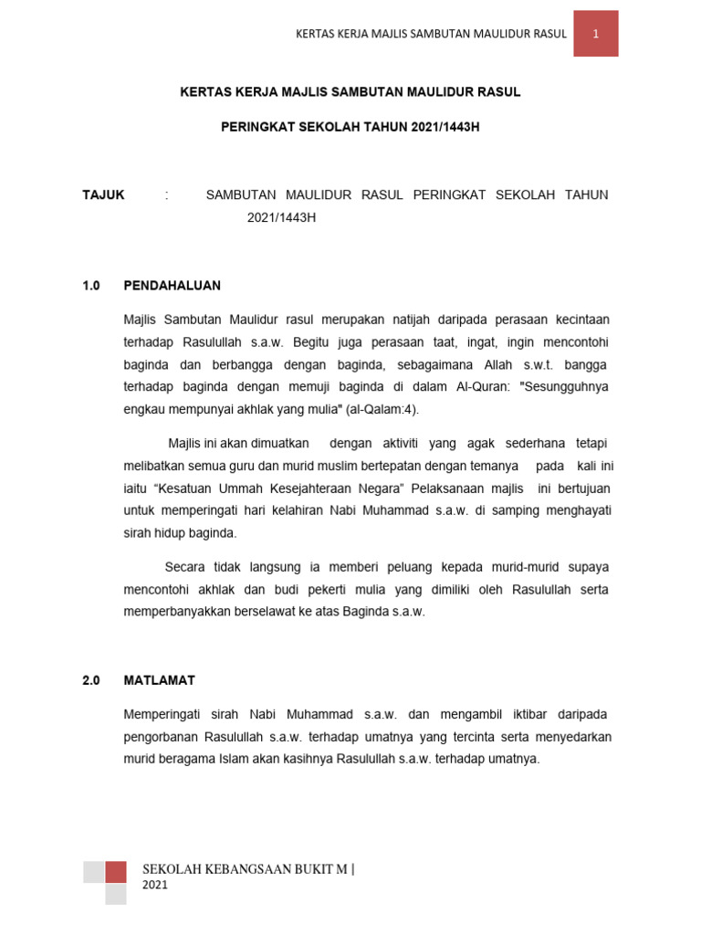 Kertas Kerja Majlis Sambutan Maulidur Rasul 2021 | PDF Kertas Kerja Majlis Sambutan Maulidur Rasul 2021 | PDF