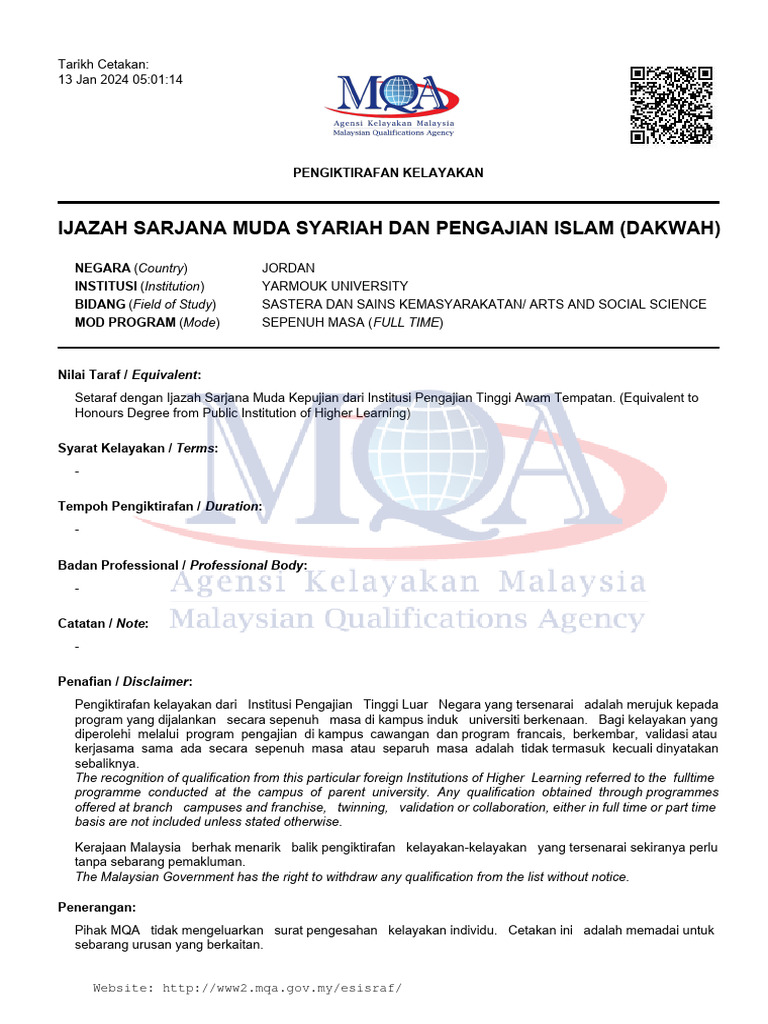 Ijazah Sarjana Muda Syariah Dan Pengajian Islam (Dakwah) : Website: Http://www2.mqa - Gov.my ...