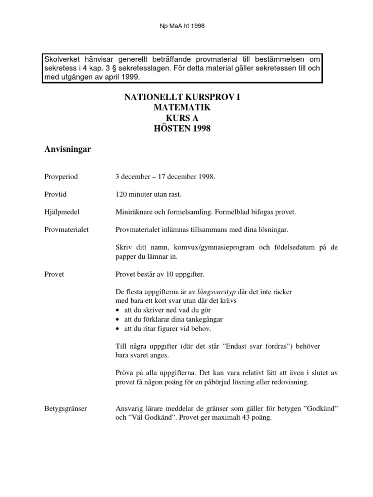 NpMaA Kursprov ht98 | PDF