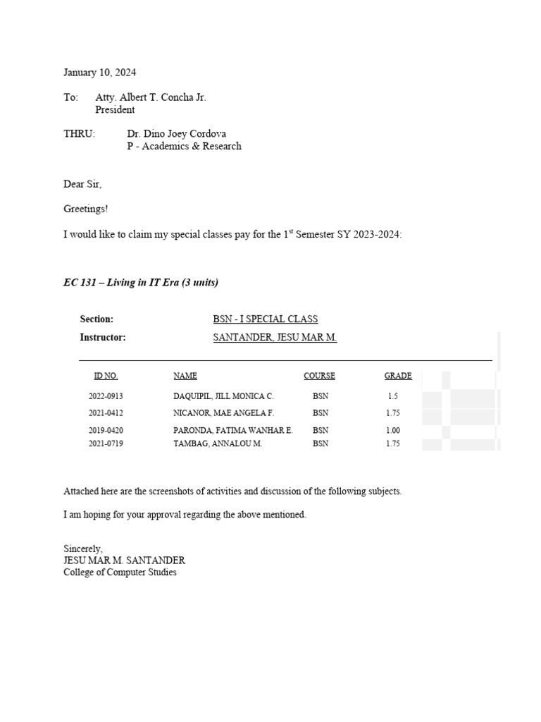 Special Class Request Form 2024 | PDF