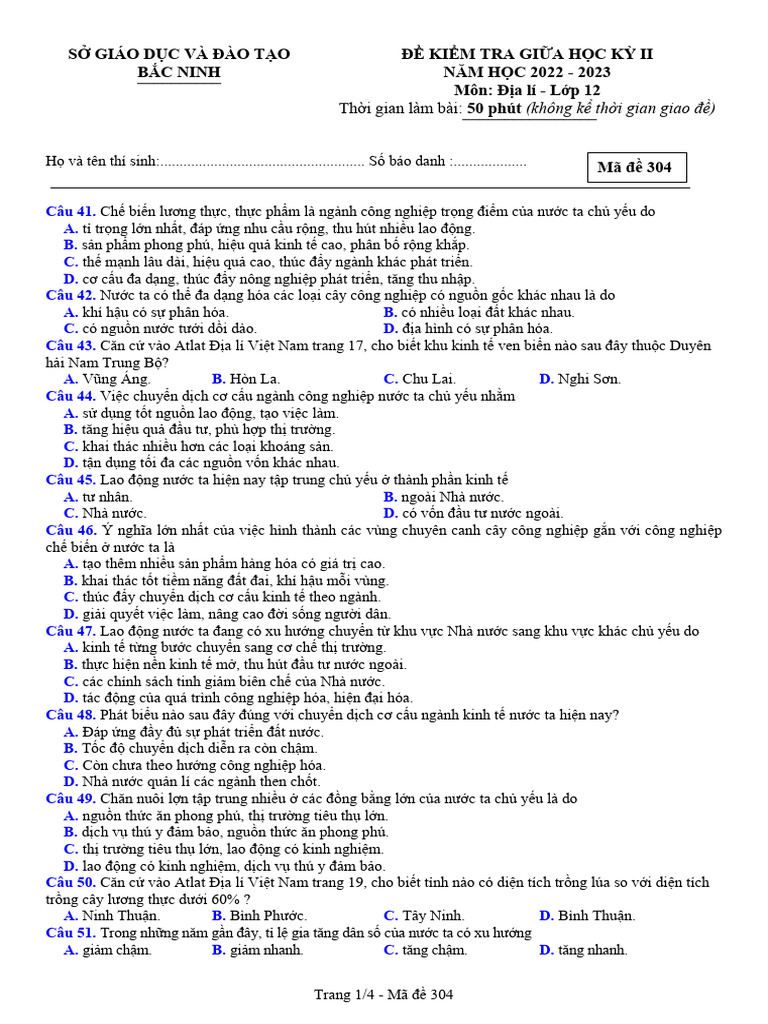 De Kiem Tra Giua Hoc Ky 2 Dia Li 12 Nam Hoc 2022 2023 So GDDT Bac Ninh | PDF