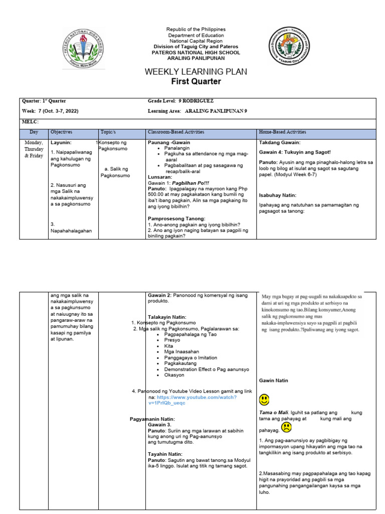 Rodriguez WLP Quarter 1 Week 6 Grade 9 | PDF Rodriguez WLP Quarter 1 Week 6 Grade 9 | PDF