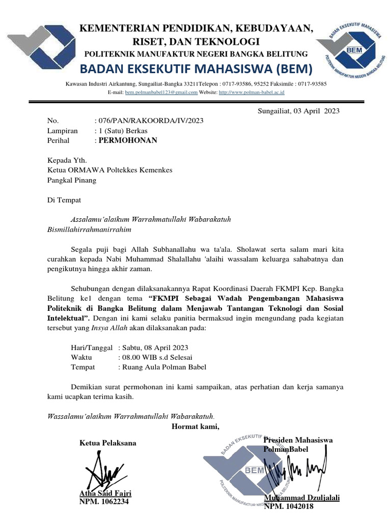 076 Surat Permohonan Ormawa Poltekkes (Rakorda) | PDF