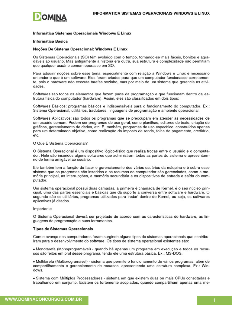 03 Inform Tica Sistemas Operacionais Windows e LINUX | PDF | MacOs | Sistema operacional