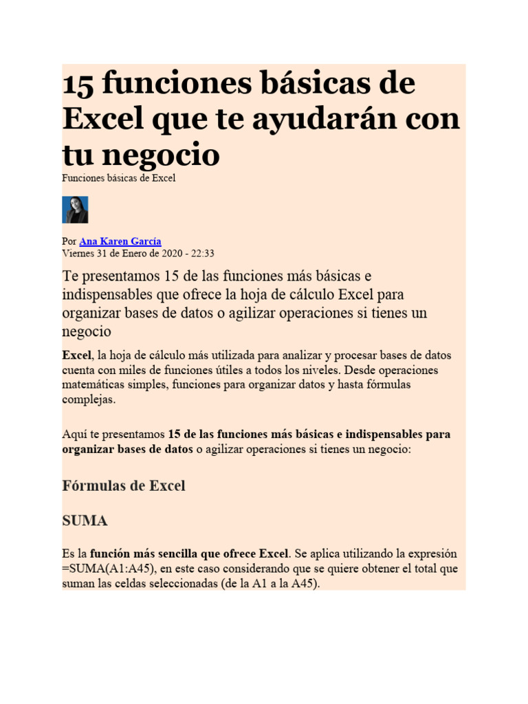 15 Funciones Básicas de Excel Que Te Ayudarán Con Tu Negocio | Descargar gratis PDF | Hoja de ...