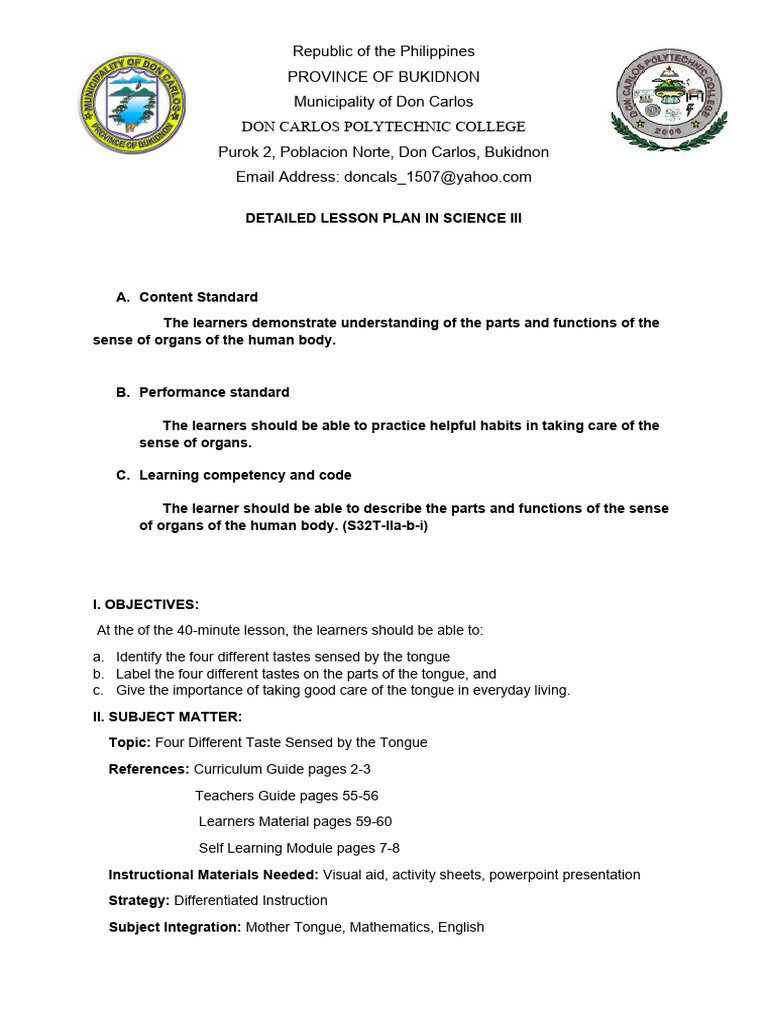 Lesson Plan in Teaching Science 3 | PDF | Taste | Lesson Plan