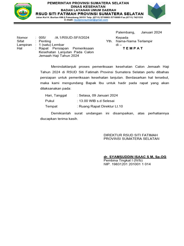 Undangan Rapat Pemeriksaan Kesehatan Lanjutan Jemaah Haji Th2024 | PDF Undangan Rapat Pemeriksaan Kesehatan Lanjutan Jemaah Haji Th2024 | PDF