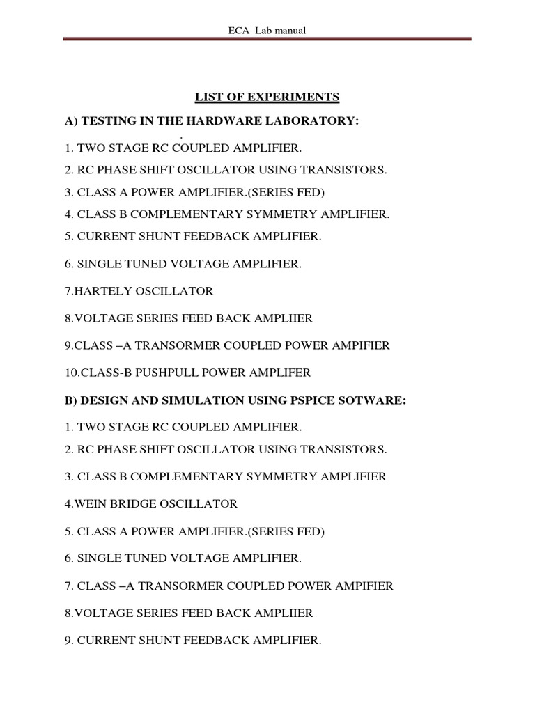 Eca Lab-Manual PDF | PDF | Amplifier | Electronic Oscillator