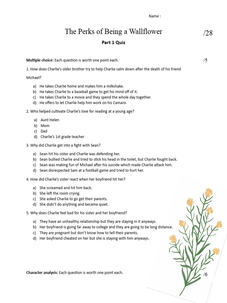 The Perks of Being a Wallflower Quiz | PDF | Wellness