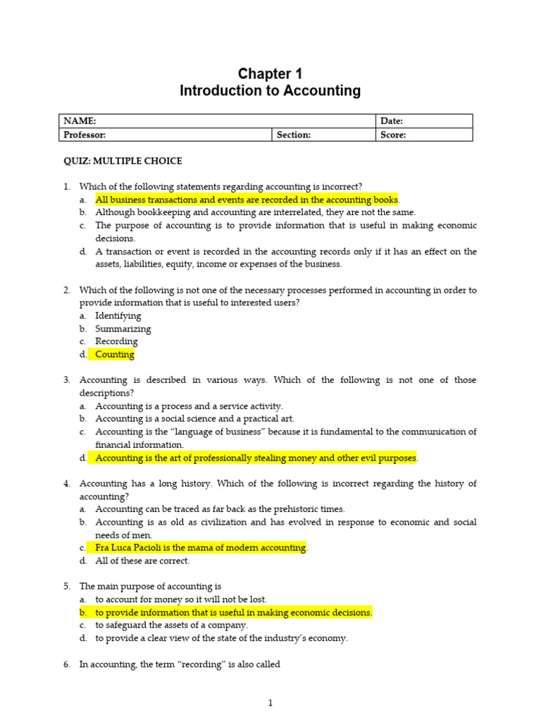 Quizzes - Chapter 1 - With Answer Key | PDF | Accounting | Business
