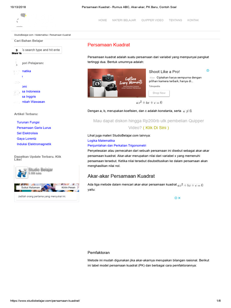 Persamaan Kuadrat - Rumus ABC, Akar-Akar, PK Baru, Contoh Soal | PDF